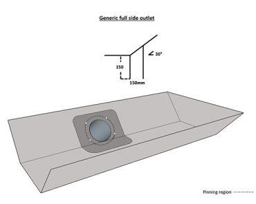 Bespoke moulded full side outlet from the crease of the gutter